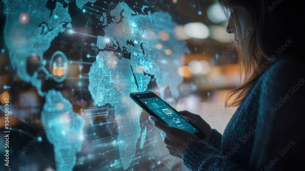 Internet of Things (IoT) technology concept, depicting a woman ...