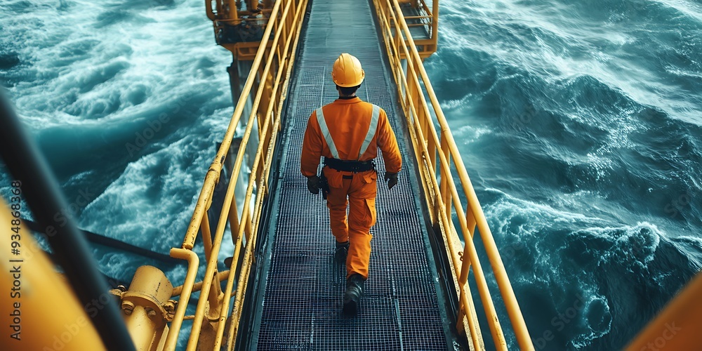 An engineer walking along the walkway of an oil rig, inspecting the ...