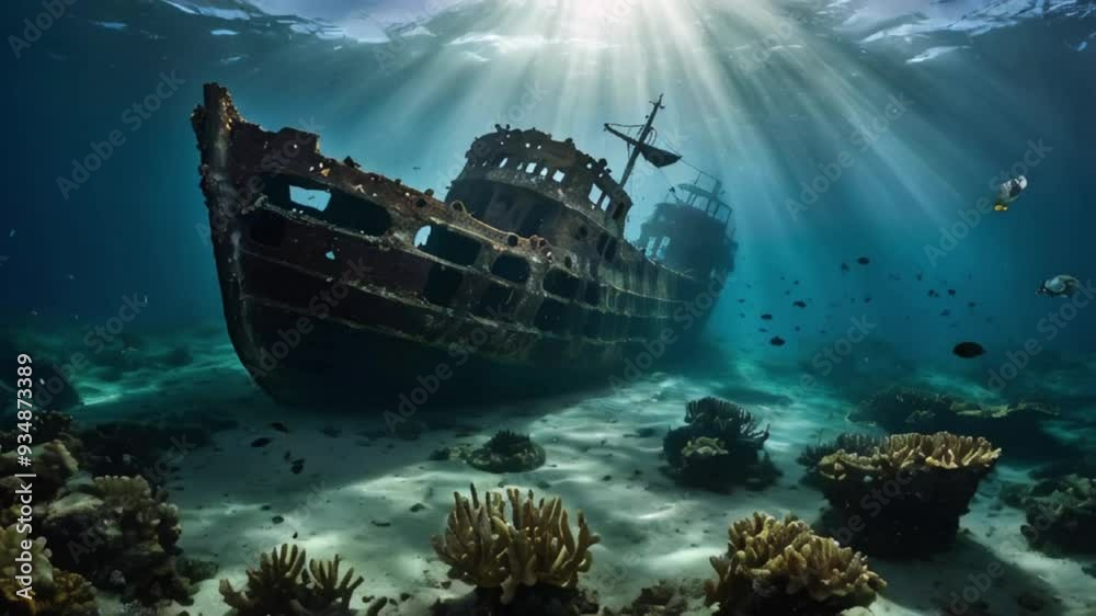 Animation of shipwreck photography. Sunken ships surrounded by marine ...