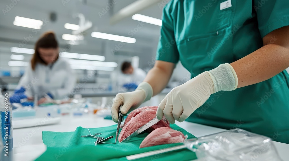 a student using a scalpel to dissect muscle tissue in an anatomy lab of ...