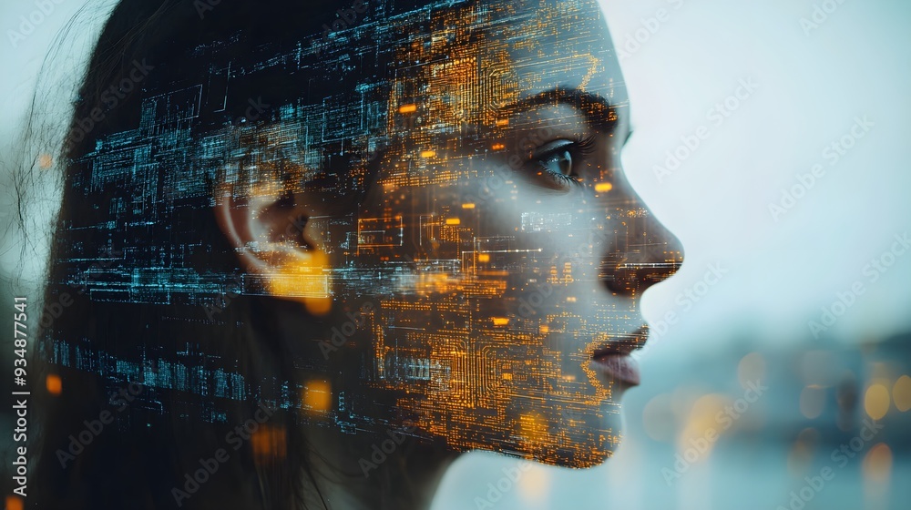 Double exposure portrait of a human face overlaid with AI circuit ...