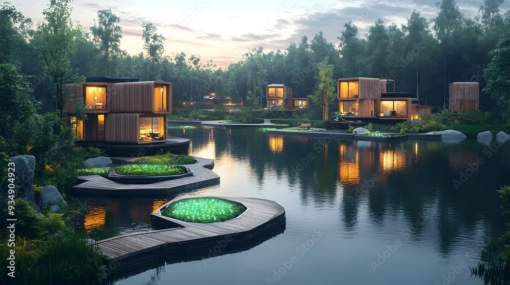 Floating eco-village on a serene lake,featuring interconnected modular ...