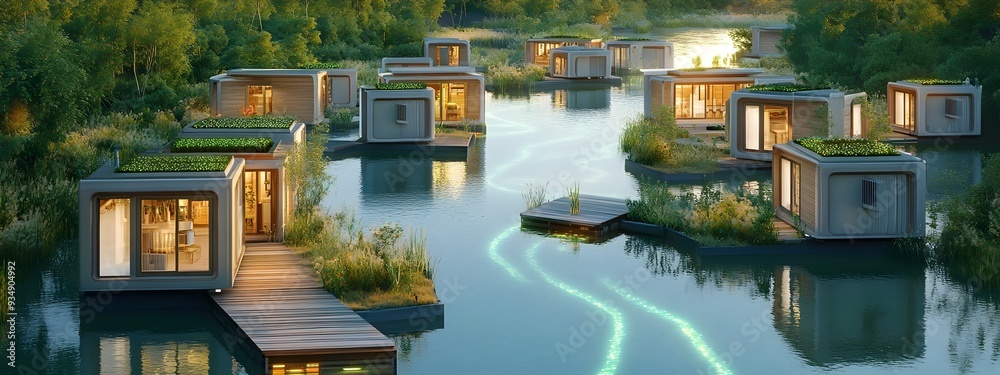Floating eco-village on a tranquil lake with interconnected modular ...