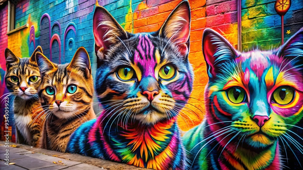 Gritty urban street art featuring cats in bold bright graffiti colors ...