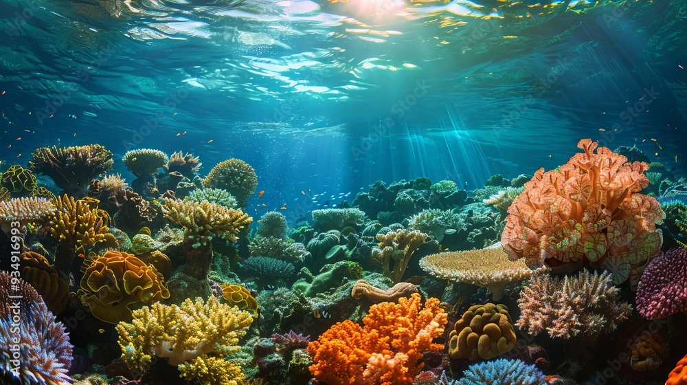 Vibrant coral reef teeming with marine life, unique natural wonder ...