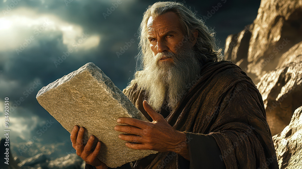 Moses Holding the Stone Tablets on Mount Sinai with Dramatic Sky ...