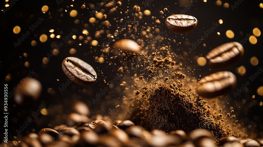 Coffee Bean Explosion: A dramatic close-up of roasted coffee beans ...