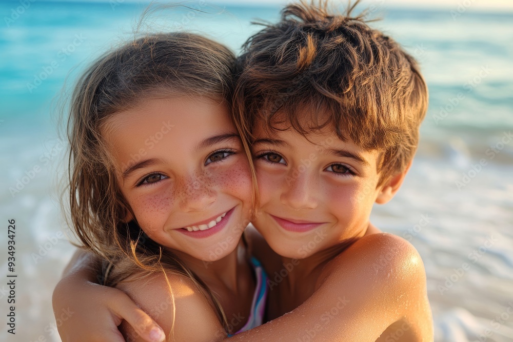 Pre-teen and child siblings hug and snuggle smiles on beach vacation ...
