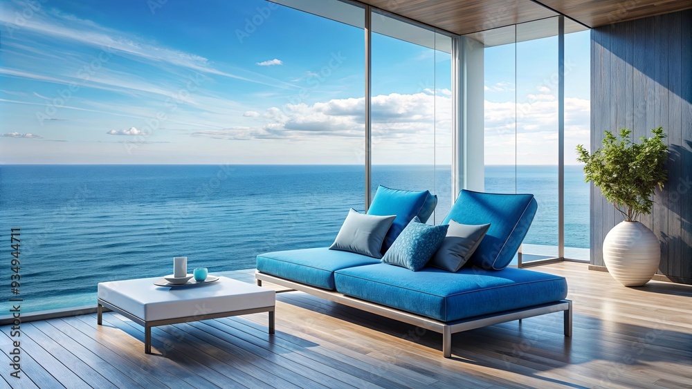 Blue modern chaise lounge with pillows and side tables by the ocean in ...