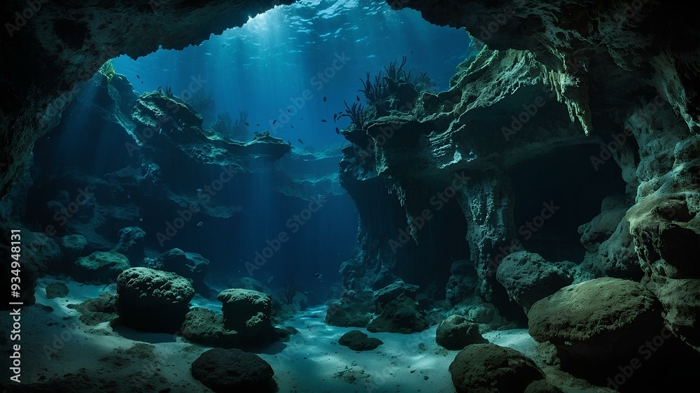 Cavernous Depths. Dark underwater caves filled with eerie shadows and ...