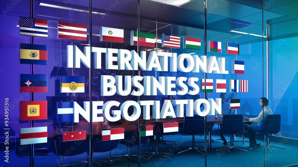 Digital image in an office with flags of many countries and the ...