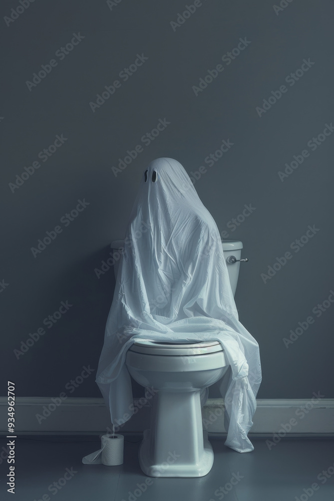 A ghostly figure is sitting on a toilet. The image has a creepy and ...