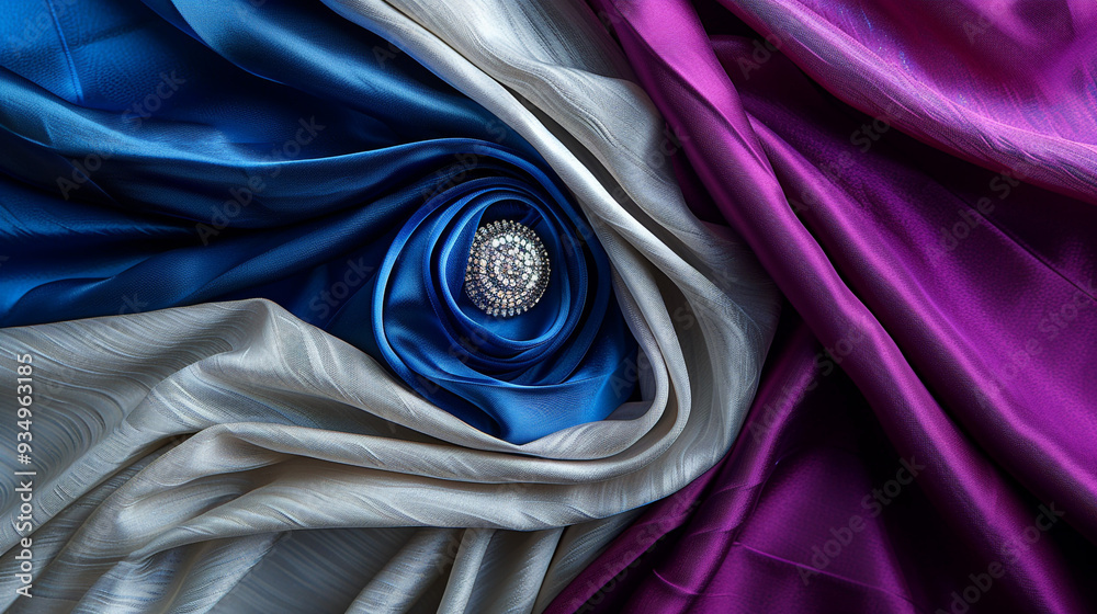 A rich color palette featuring royal blue, deep purple, silver accents ...