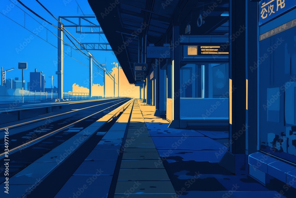 A quiet metro platform with dimly lit signage and empty tracks. Cozy ...