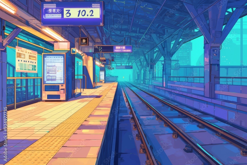 A quiet metro platform with dimly lit signage and empty tracks. Cozy ...