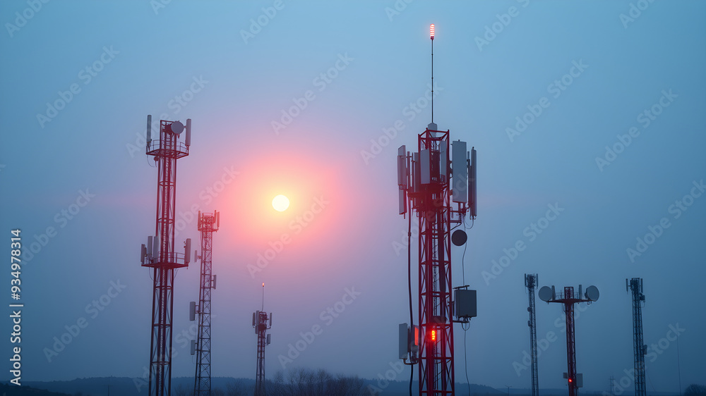 Communication via cell towers in telecommunication, with signals ...