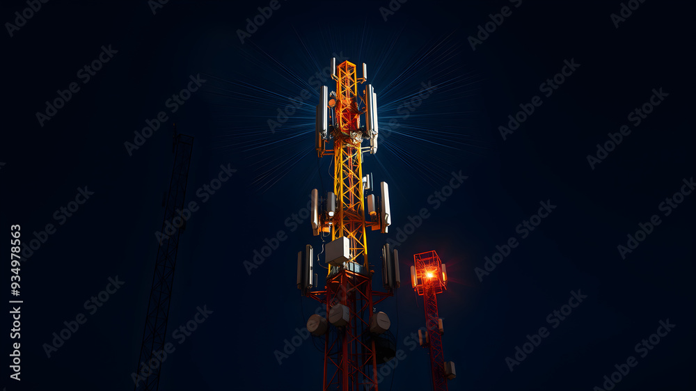 Communication via cell towers in telecommunication, with signals ...