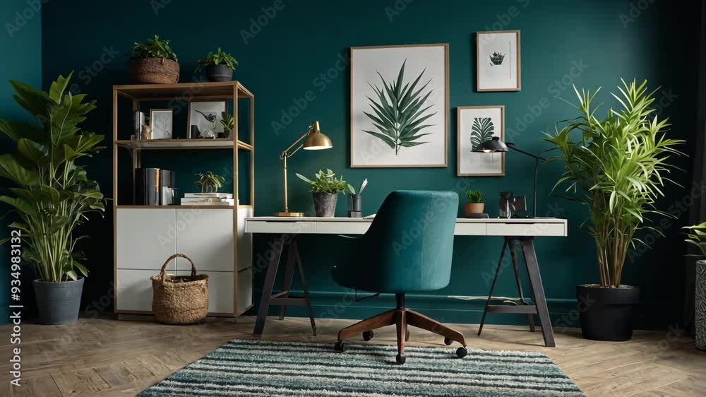 Video footage of modern home office setup. It features a dark teal wall ...
