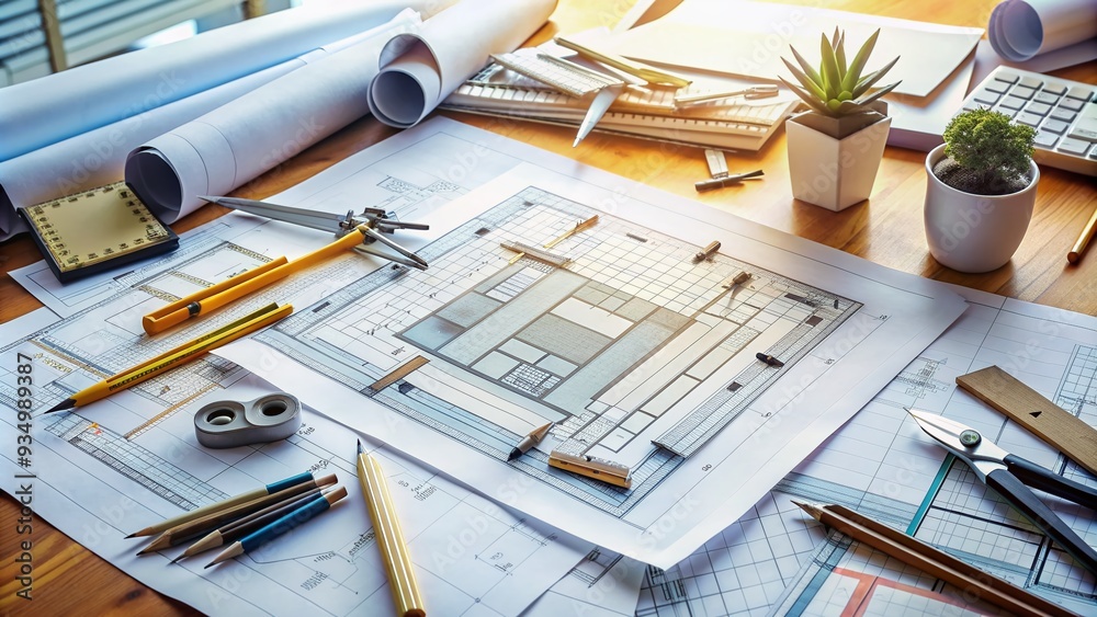 Arrangement of technical drawing instruments, scales, and papers on a ...