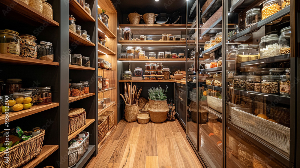 A luxurious walk-in pantry cabinet with glass doors, custom wood ...