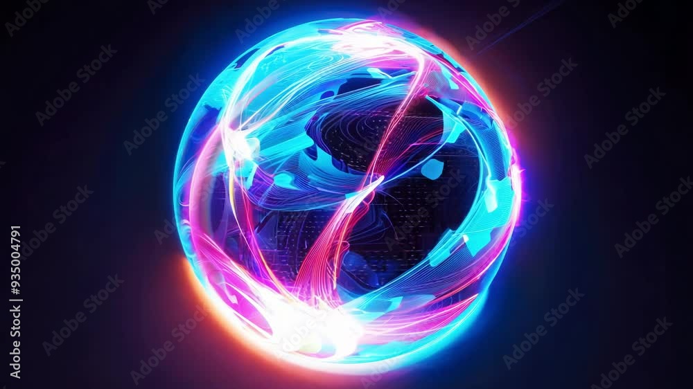 A vibrant, glowing orb featuring swirling colors and dynamic patterns ...