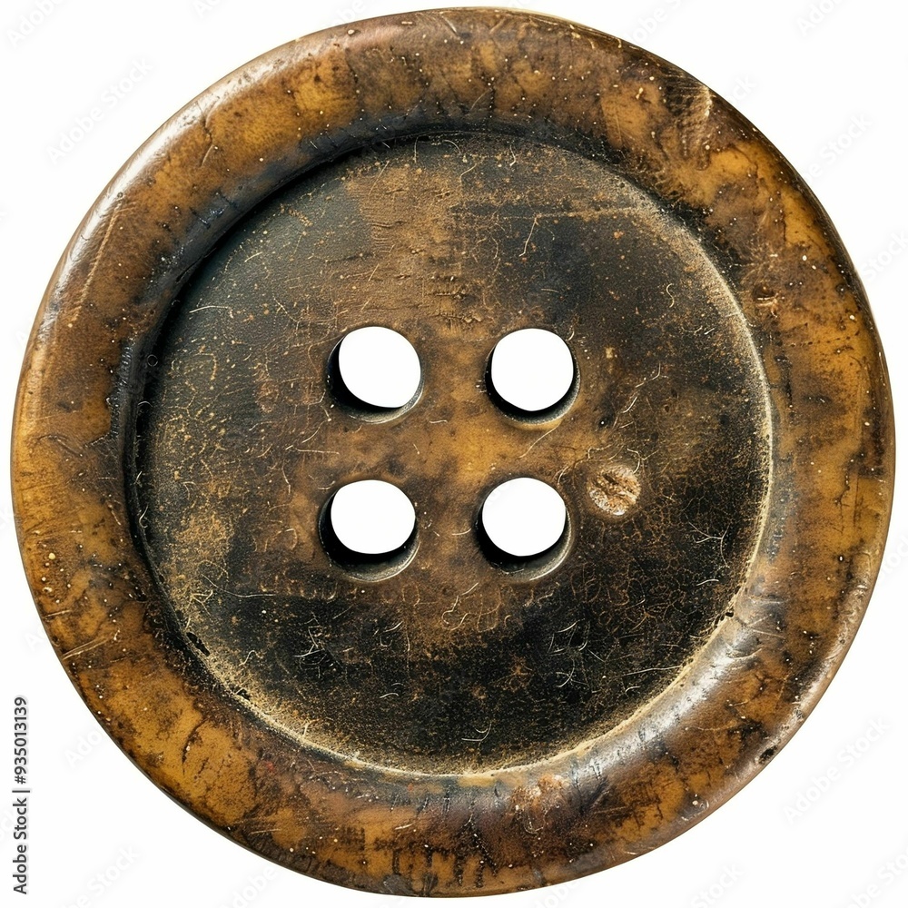 Close-up detail of a rustic black wooden button that has been used over ...