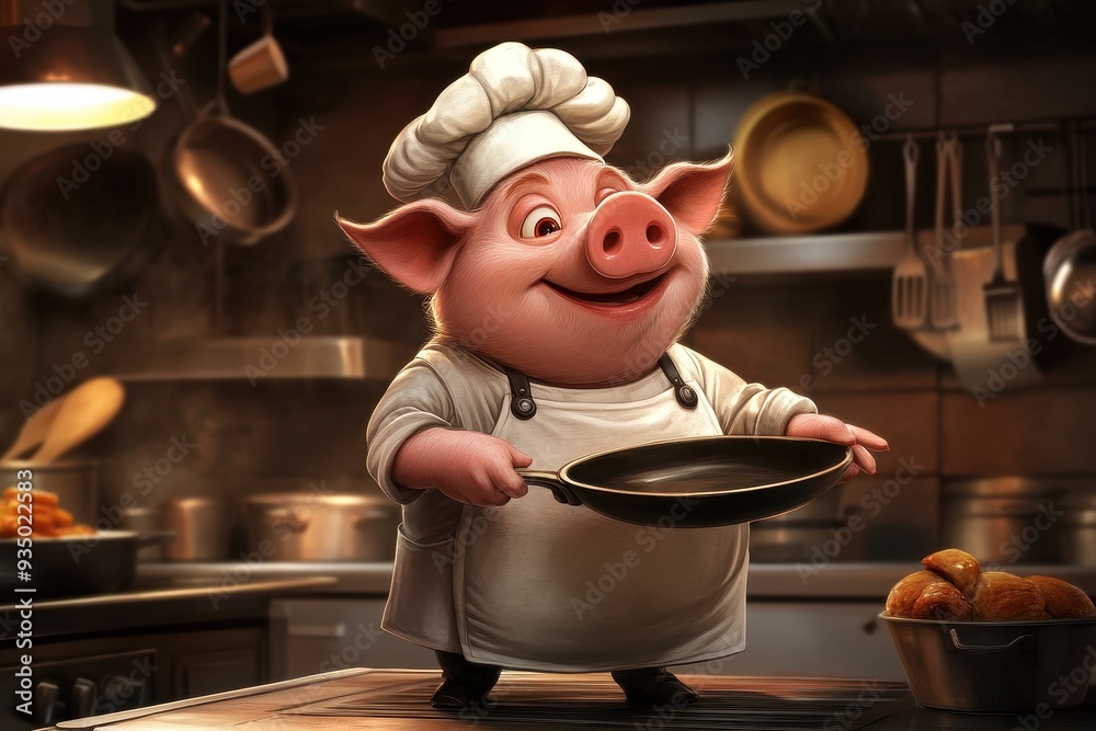 Chef Pig: A pig in a chef´s uniform with a hat, holding a frying pan in ...
