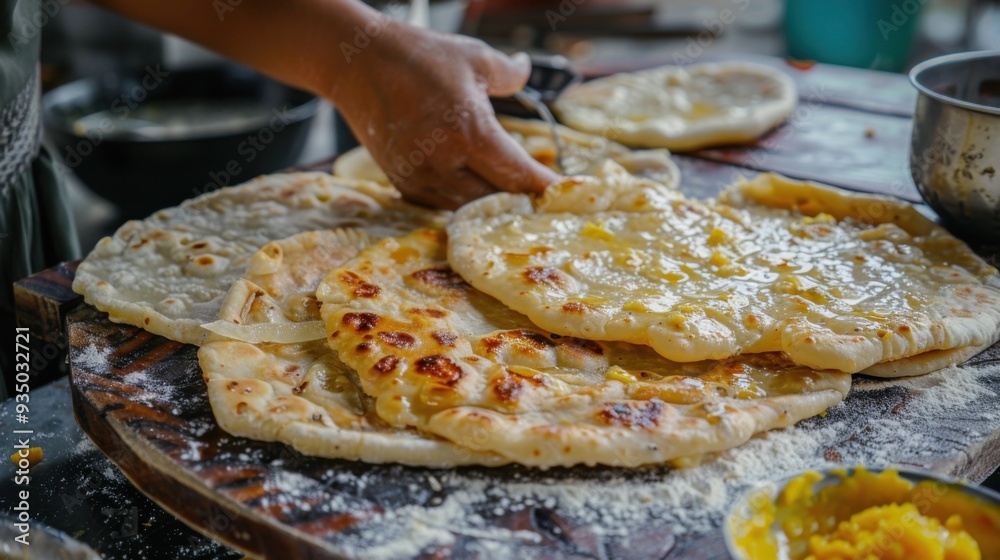 The making of Roti Canai, also known as Roti Prata, a popular Indian ...