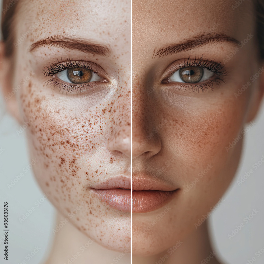 Realistic before and after photo of a woman's face with freckles ...