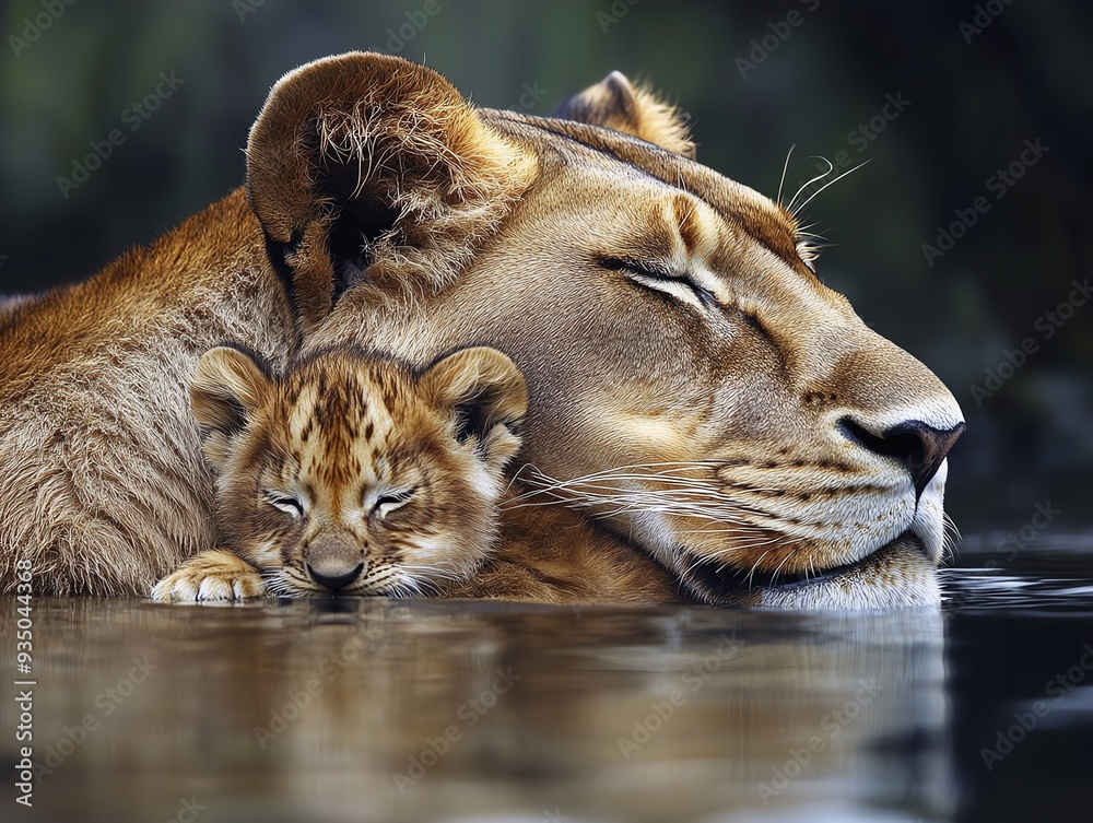 Purebred animal with a ferocious appearance nursing her offspring in a ...