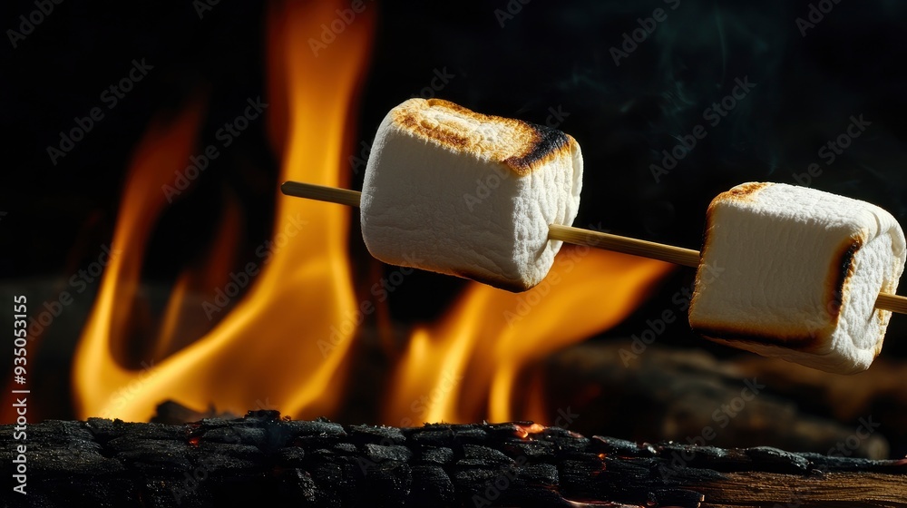 Banner Of Two Marshmallows On A Stick Roasting Over Campfire On Black ...