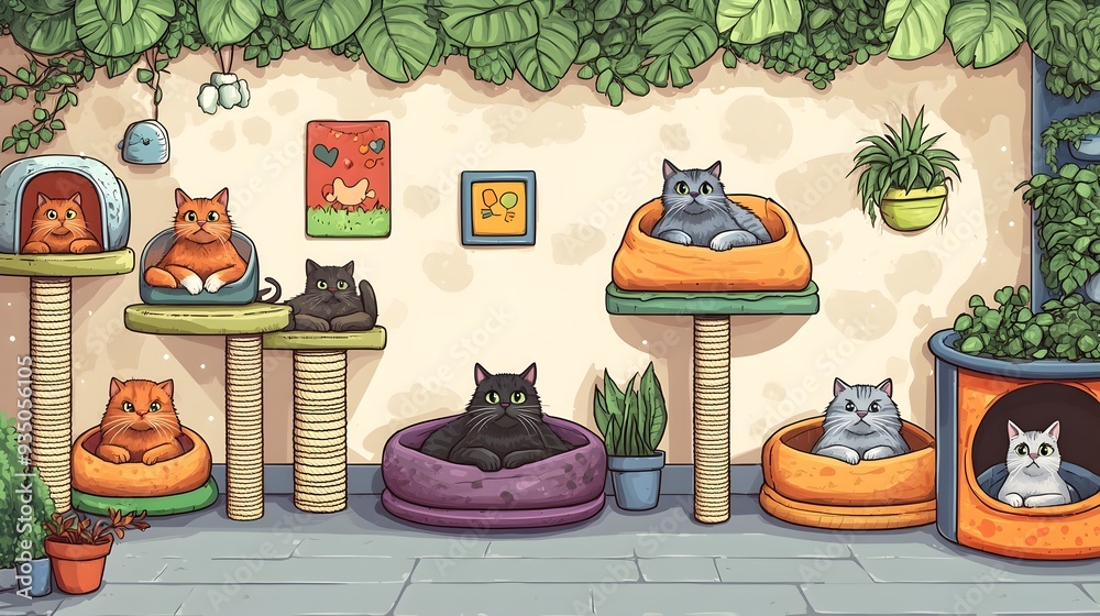 Cozy Feline Oasis Cartoon Cats Lounging in Colorful Beds Amid Playful ...