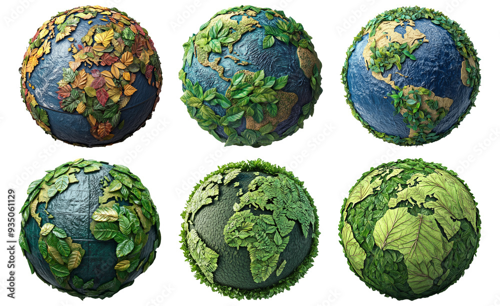 Earth globe set with leaf texture isolated on transparent background ...