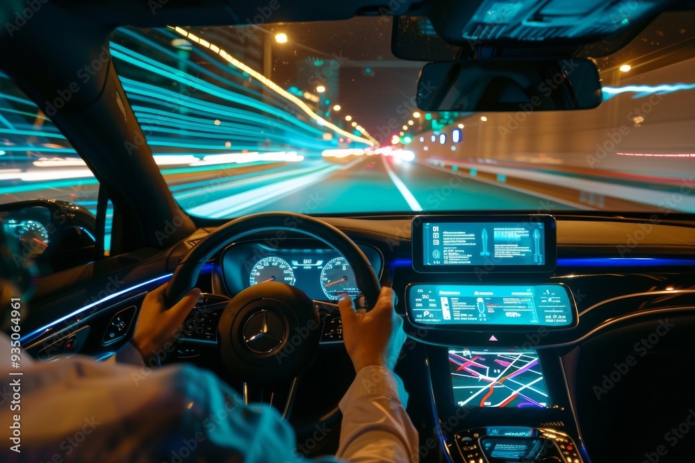 A modern car featuring luminous lights travels on a futuristic road ...