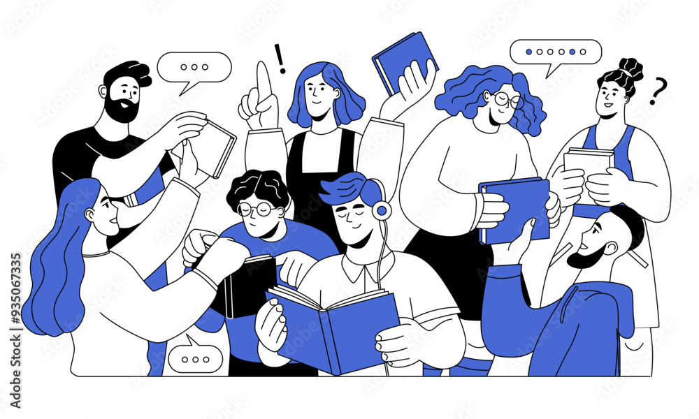 Bookcrossing concept. Group of happy men and women literature fans ...