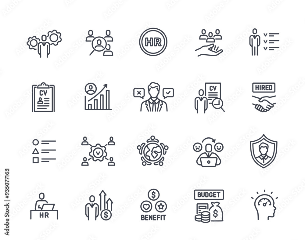 Set of human resources line icons. Simple symbols with resume, employee ...