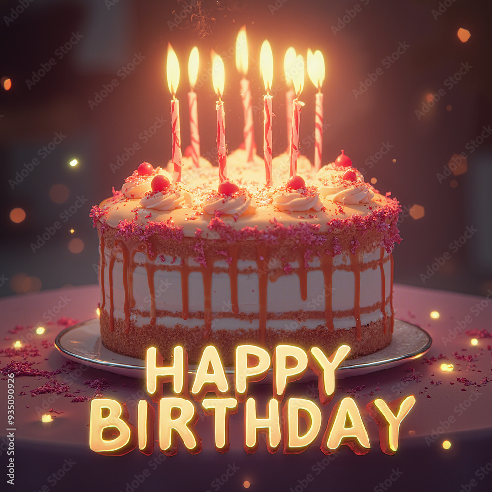 Grafika przedstawiająca tort urodzinowy z napisem Happy Birthday. Może ...