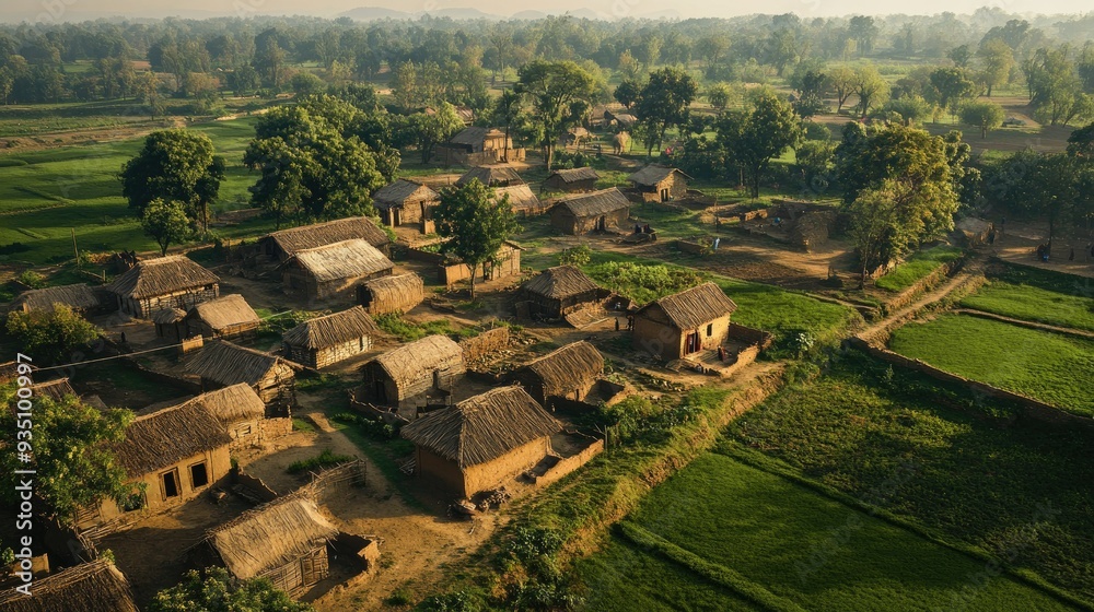A traditional South Asian village with mud huts and open fields ...