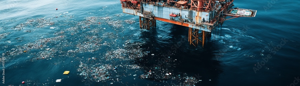 Industrial Pollution: Massive Oil Rig Amid Floating Plastic Waste in ...