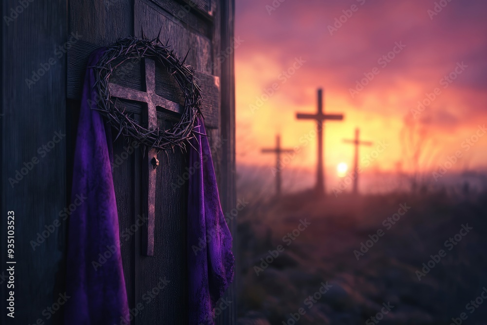 Crown Of Thorns And Purple Robe Hanging On Door Post At Sunrise With ...