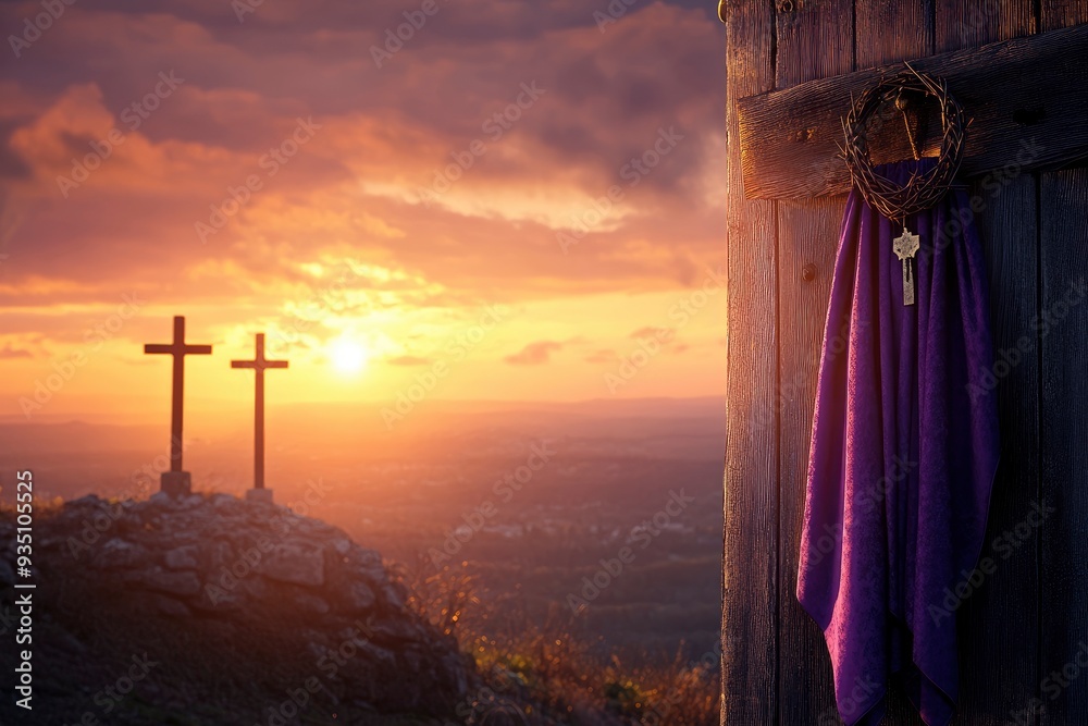 Crown Of Thorns And Purple Robe Hanging On Door Post At Sunrise With ...