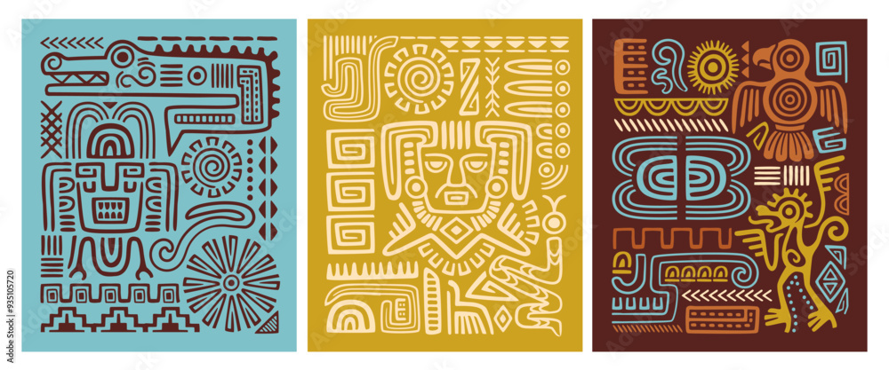 Ethnic posters set. Posters with ancient Aztec drawings, tribal ...