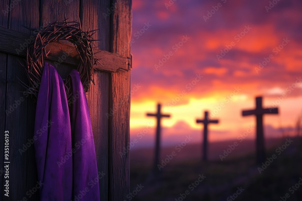 Crown Of Thorns And Purple Robe Hanging On Door Post At Sunrise With ...