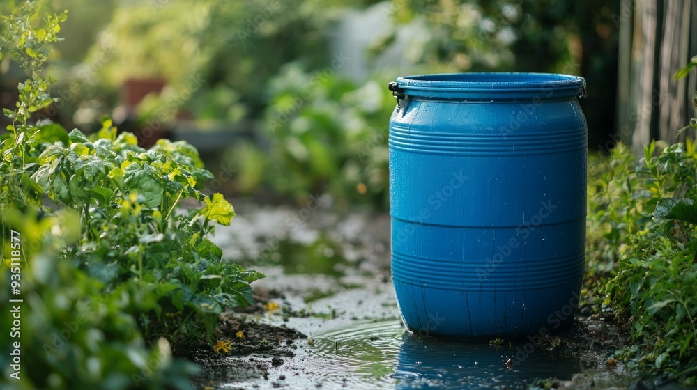 A blue barrel for collecting rainwater. Collecting rainwater in plastic ...
