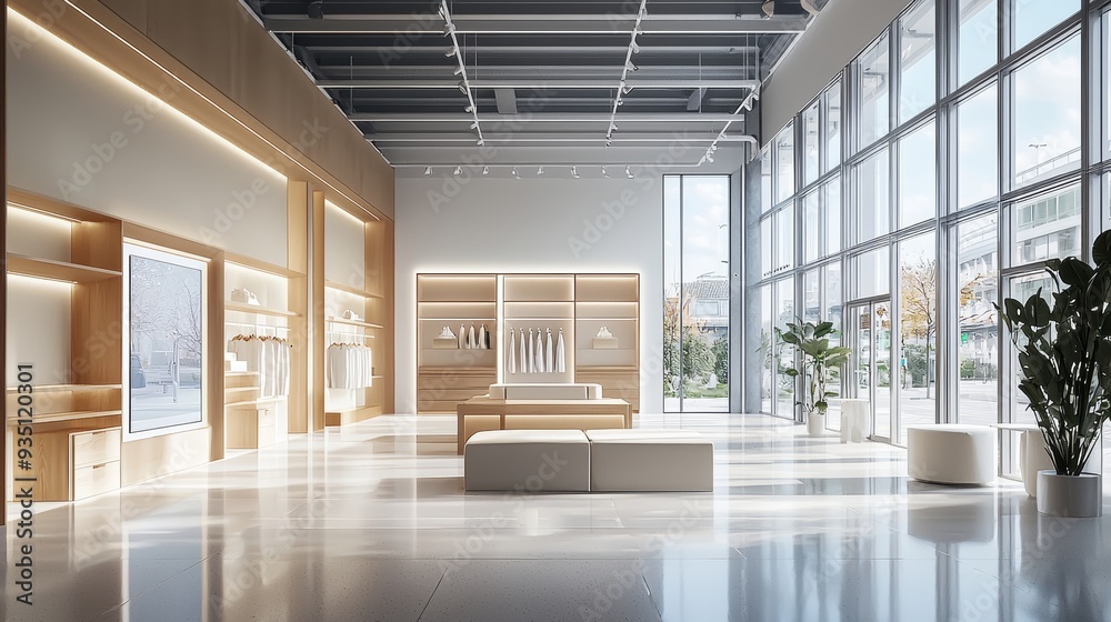 An elegant, empty showroom with large windows allowing natural light to ...