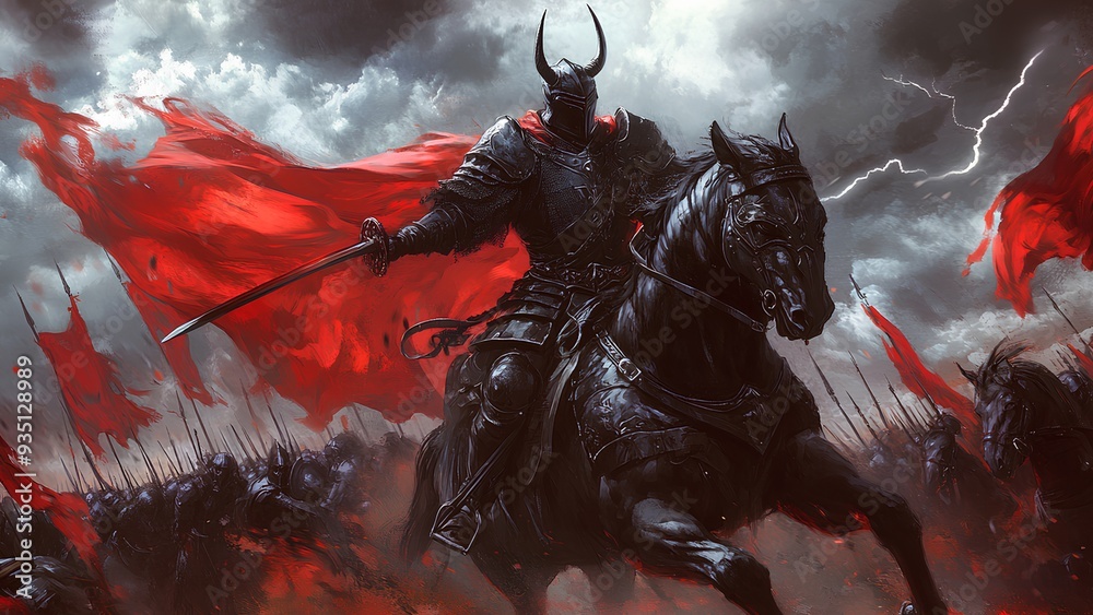 Epic Battle Scene: Dark Knight Leading Army into War Stock Photo ...