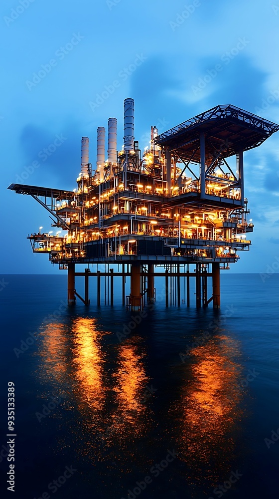 Offshore oil platform at night, illuminated by industrial lights, low ...