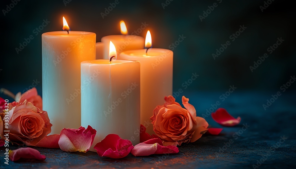 White candles with roses and flower petals, beautifully crafted for ...
