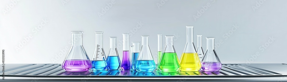 Beakers and flasks arranged on a futuristic metal table, with a ...