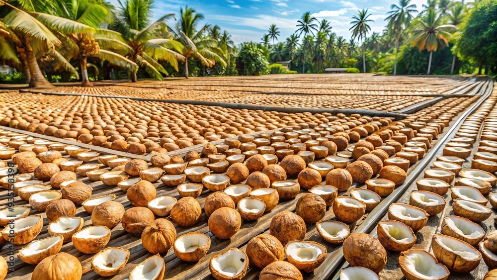 Process of drying copra from dried coconut, showing copra laid out ...